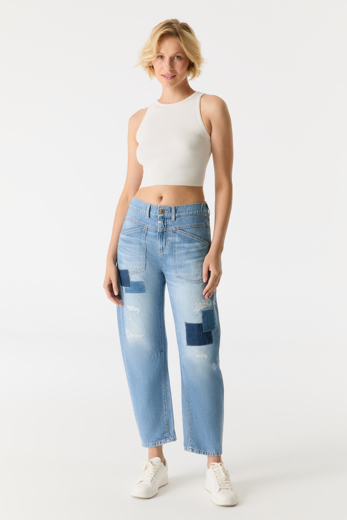 Selena Mid Waist Ankle Length Drop Crotch Patch Pocket Jeans Medium Blue Patched – COJ Denim